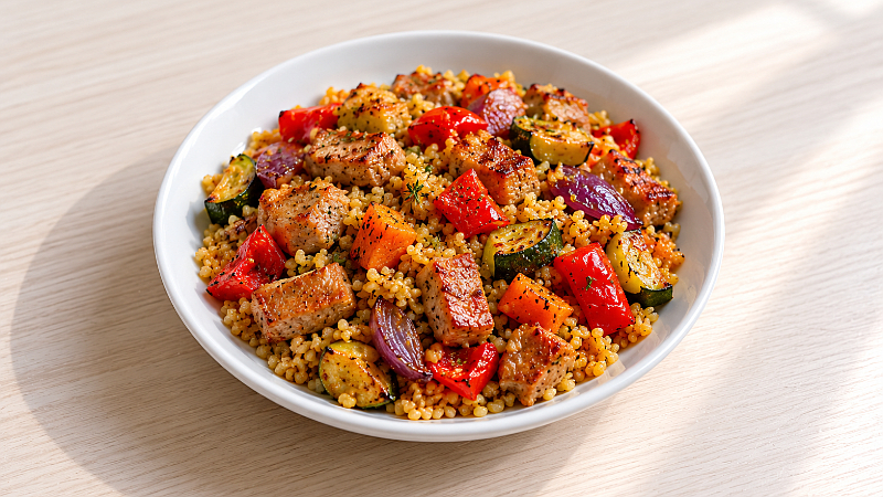 Na tenhle bulgur stačí jeden plech: Maso i zelenina se upečou najednou